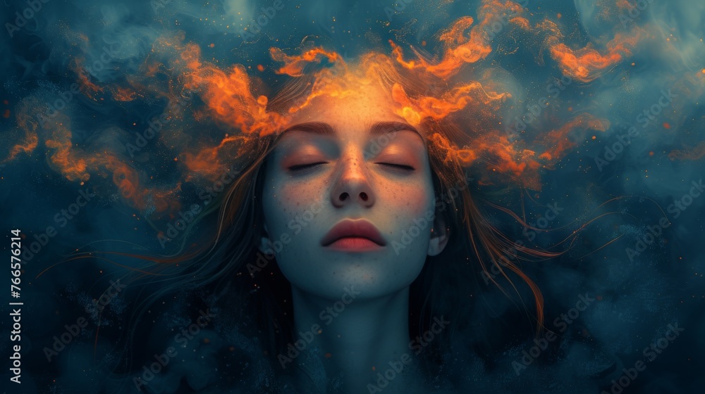 Surreal portrait of a woman underwater with flames for hair, blending ...