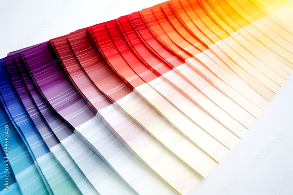 Rainbow fan of paint swatches. Colorful spectrum of paint samples on ...