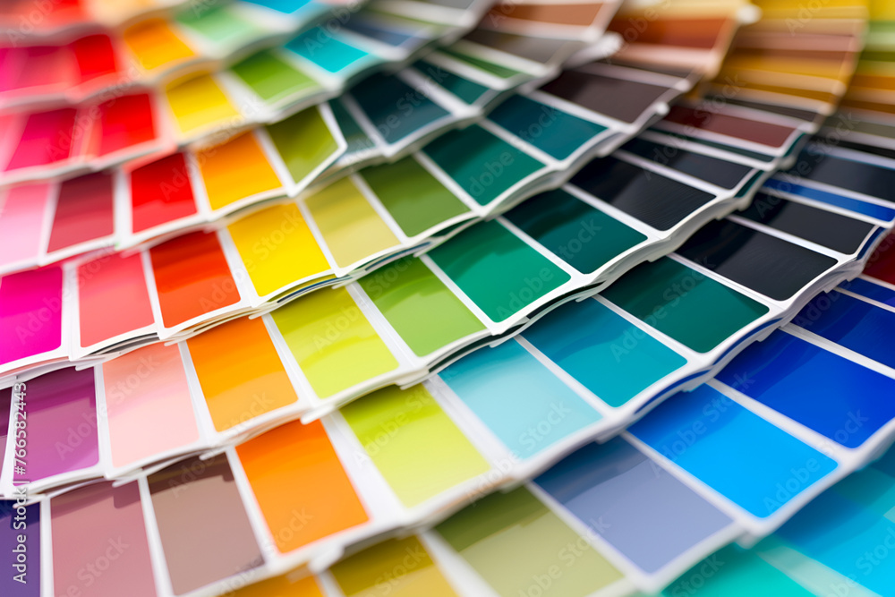 Color pallet close-up. Spectrum of paint colors in sharp focus for a ...