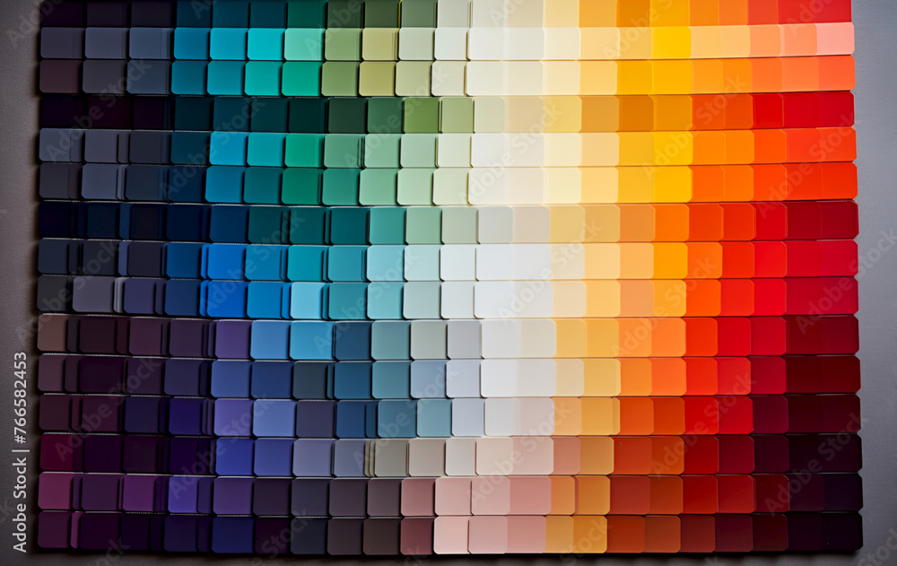 Wall of color swatches in sunset hues. Array of paint colors in block ...