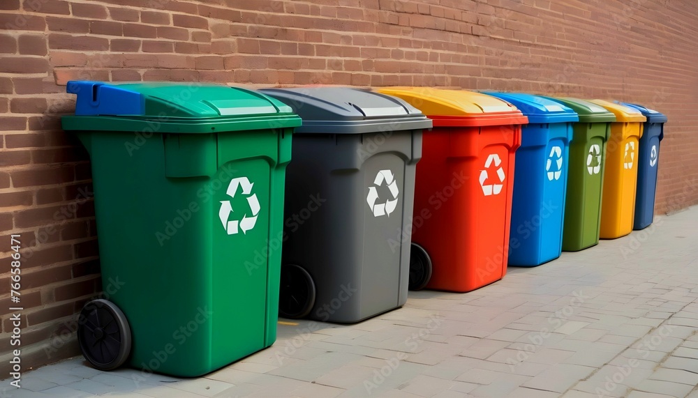 multicolored trash cans with recycle symbols on them. Eco recycling ...