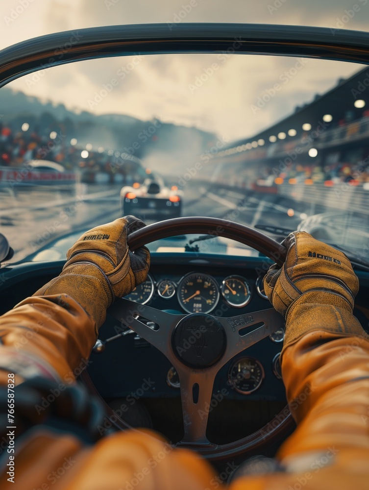 First-person view from a classic racing car cockpit, with hands in ...