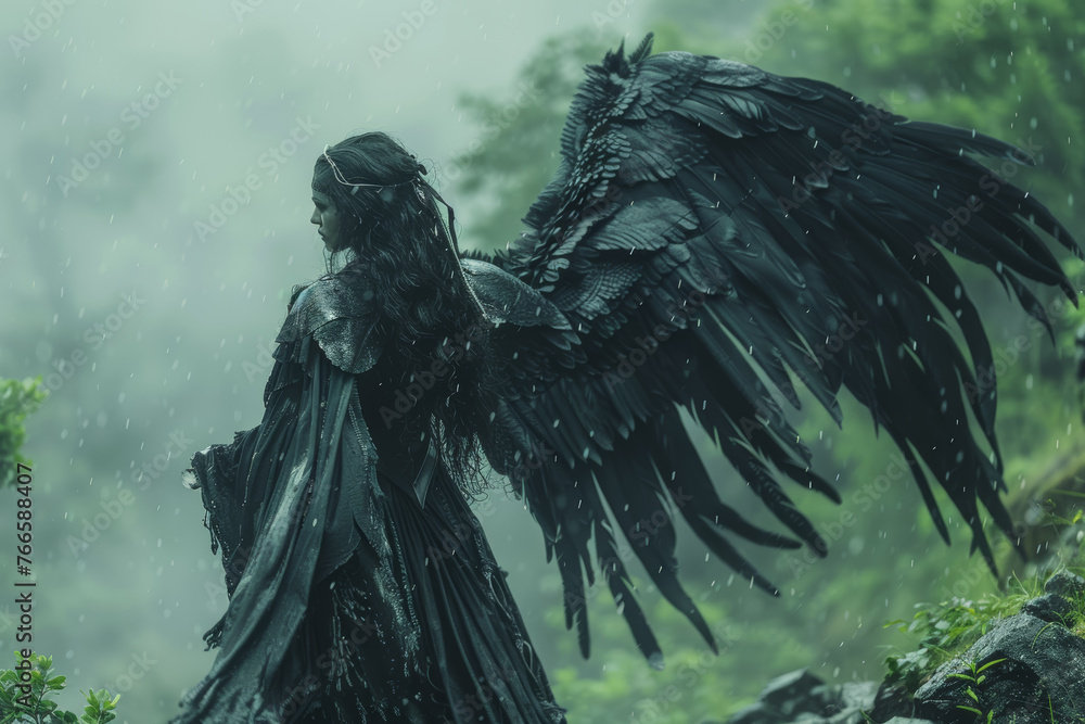 Ethereal Morrigan, the goddess of fate and battle, soars through the ...