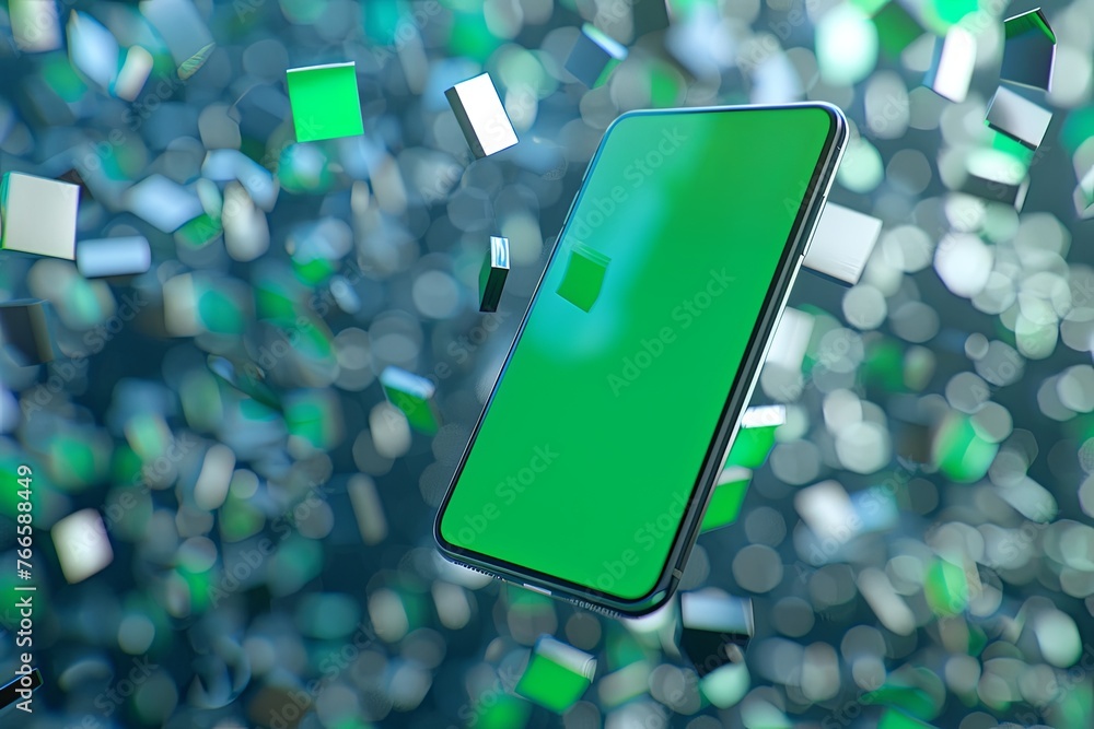 A modern smartphone with a bright green screen levitates amidst a ...