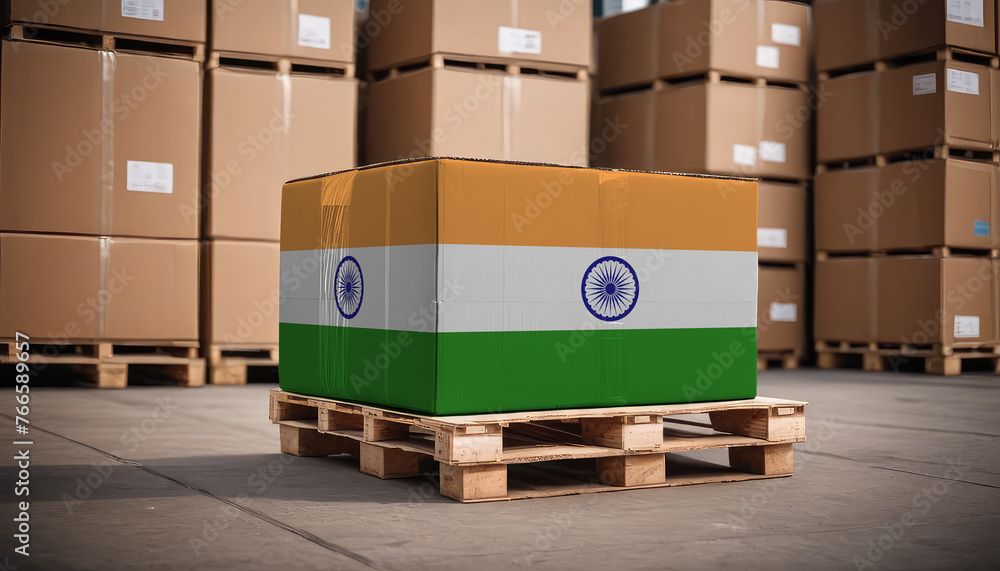 Box with India flag. India logistics port. Logistics industry in India ...