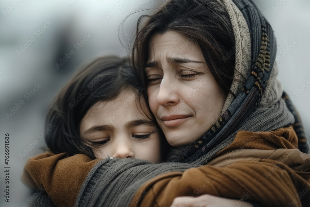 Refugee mother woman with look of grief on her face gently embraces her ...