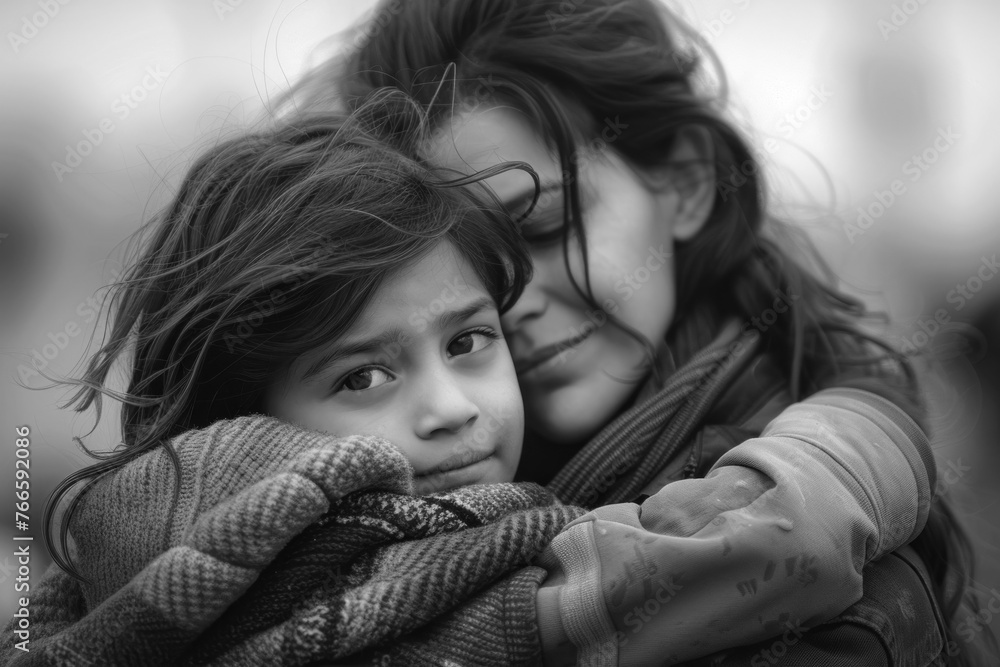 Refugee mother woman with look of grief on her face gently hugs her ...