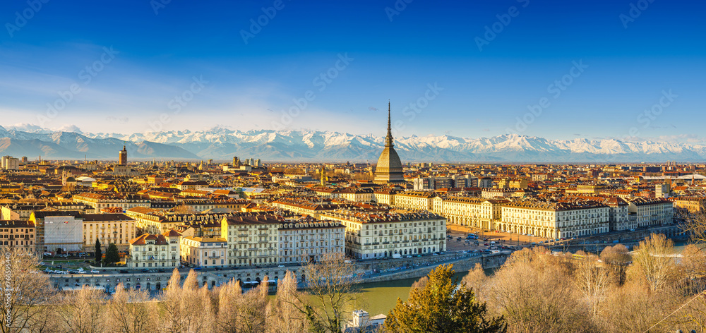 Turin, Italy. View of the city from above with the Dome of the Mole ...