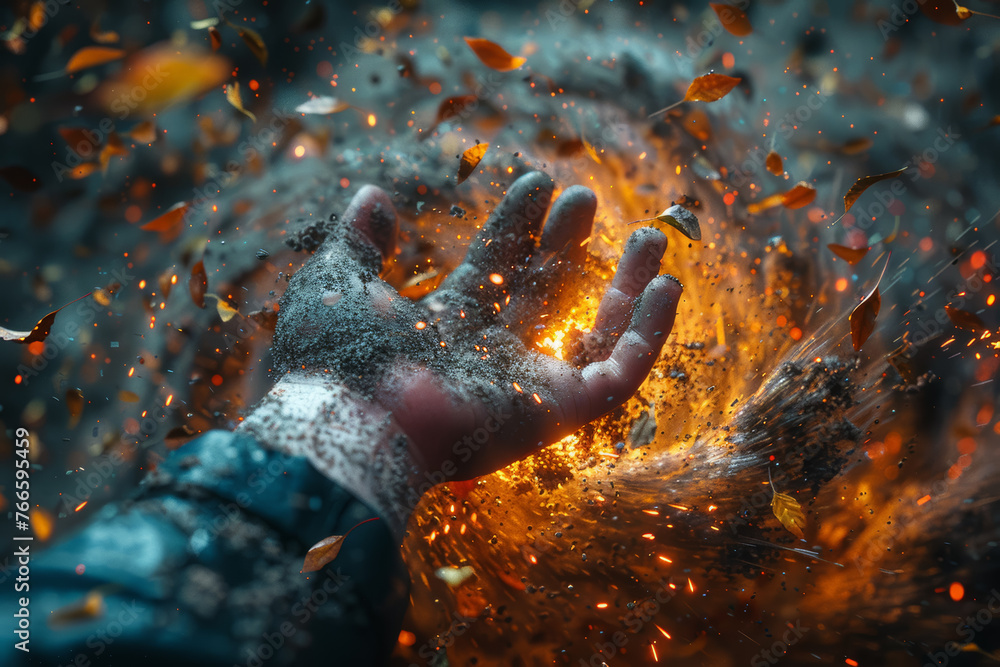 Hand tossing a seed into a tornado, depicting the chaos of nature fostering growth. Concept of ...