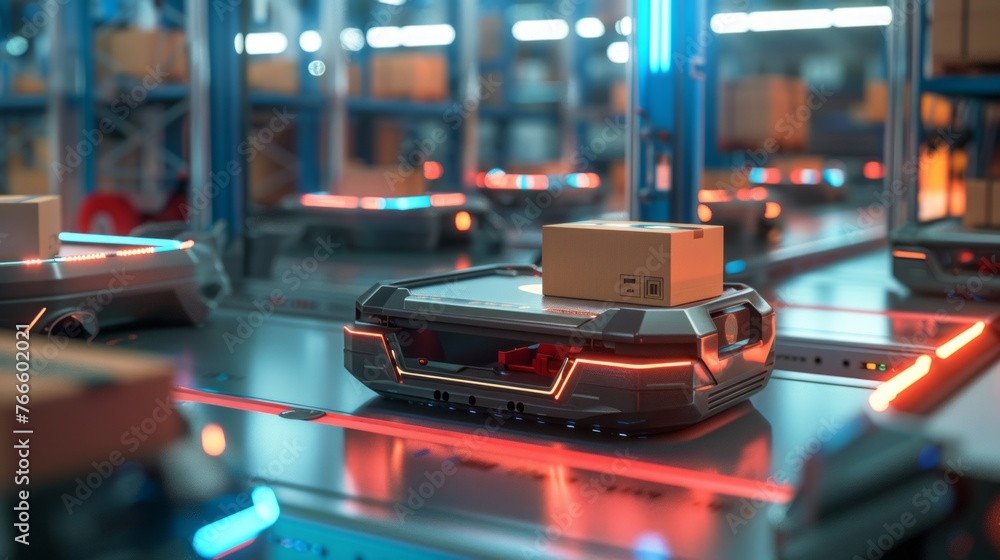 Future Technology 3D Concept: Automated Retail Warehouse AGV Robots with Infographics Delivering ...