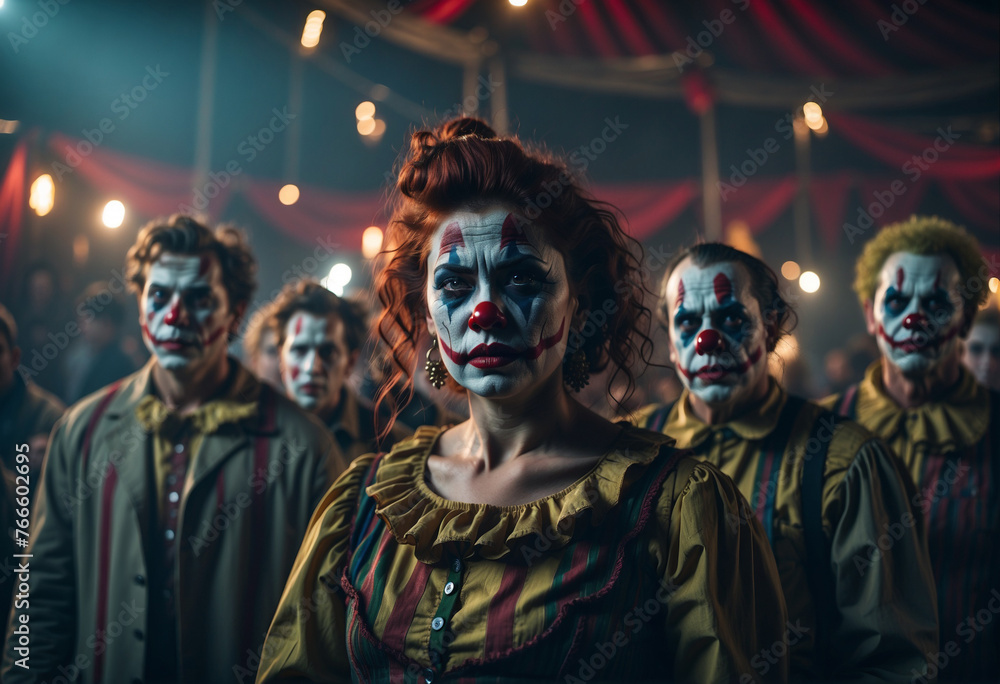 Poster Spooky group of clown person characters at night next to circus ...