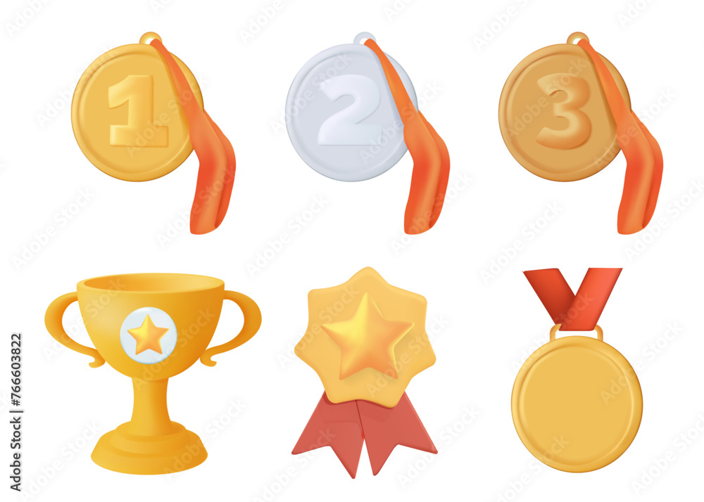 Collection of golden, silver and bronze medals, cups and badges vector ...