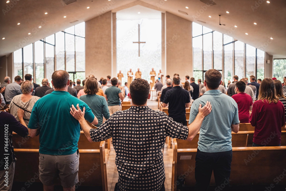 Back view of a diverse congregation standing together in worship inside ...