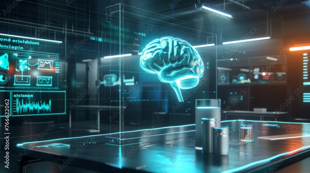 neural artificial intelligence brain in factory lab for futuristic research, technology ...