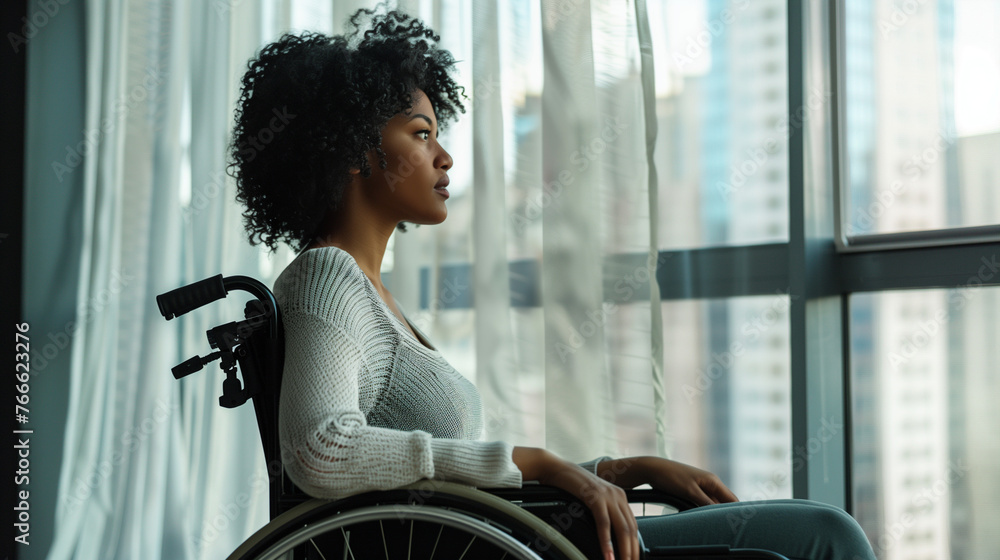 Disabled african american black woman in wheelchair at home feeling ...