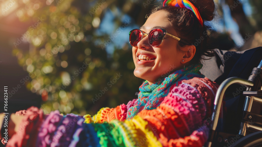 Happy disabled young girl in wheelchair wearing rainbow pride ...