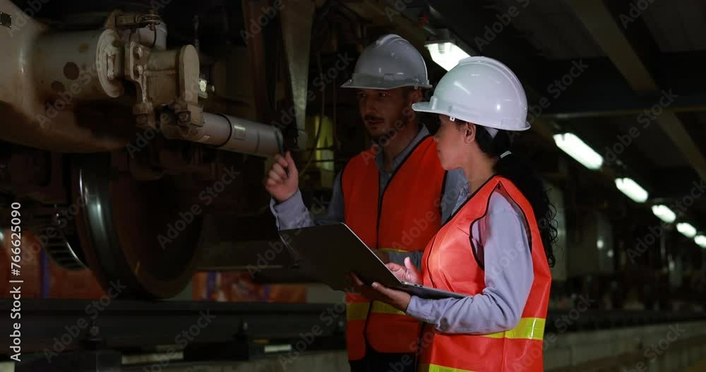 Male and female rail engineers, wearing orange safety vests and helmets ...