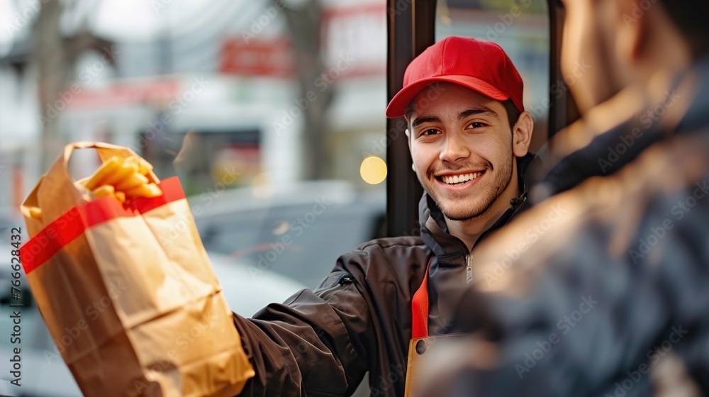 A cheerful fast food restaurant employee handing a bag of food to a ...