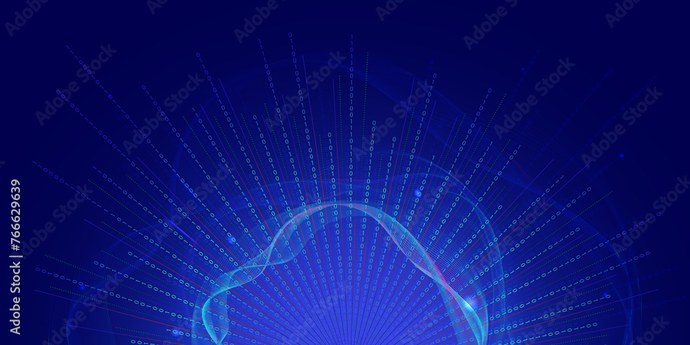 AI, big data, digital innovation, technology. Abstract binary shape with circular wave element ...