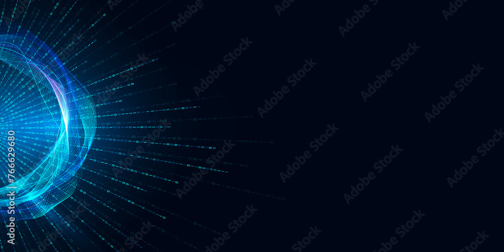 AI, big data, digital innovation, technology. Abstract binary shape with circular wave element ...