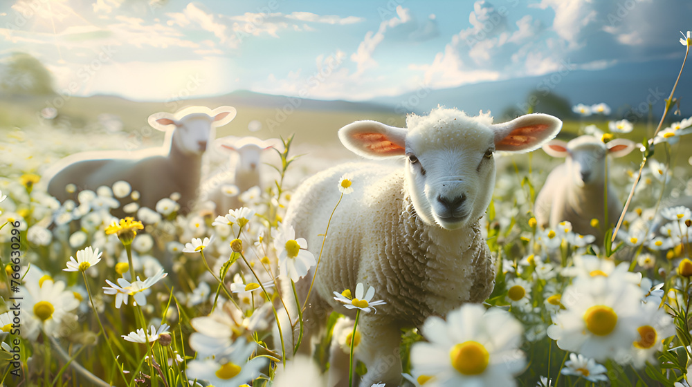 sheep and lambs in a daisy flower field, parable of the lost sheep in ...