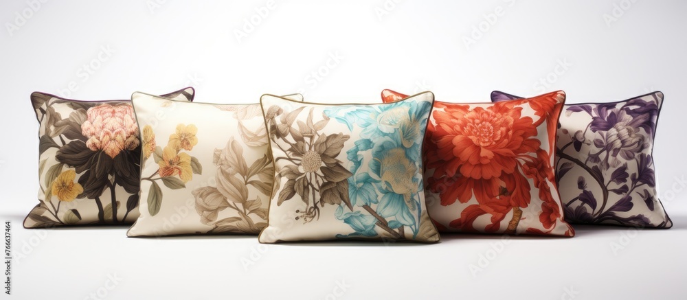 A detailed view showing a collection of four cushions each featuring ...