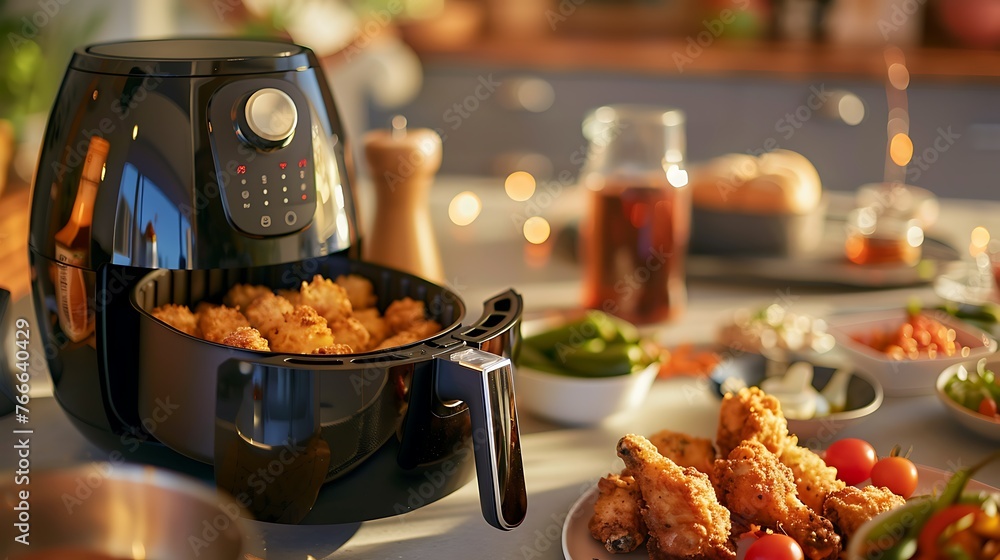 A modern air fryer sits on a kitchen counter surrounded by deliciously ...
