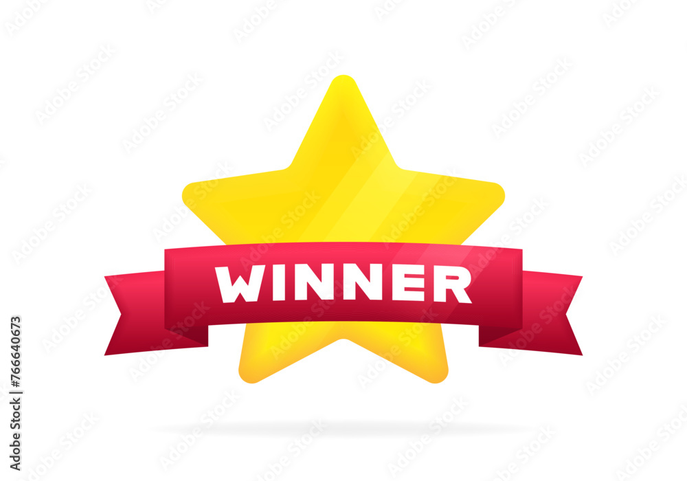Winner badge with red ribbon and star. 1st place on competition or ...