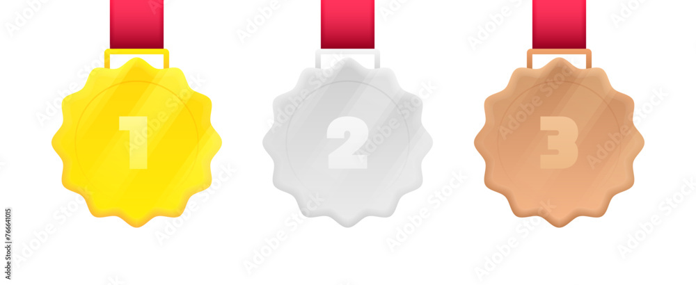 Gold, silver and bronze medal with red ribbon in 3d style with glowing ...