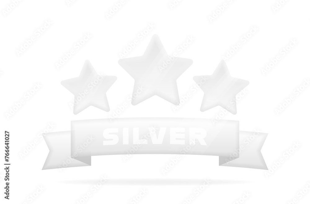 Silver star badge with ribbon in 3d style with glowing effect. Customer ...