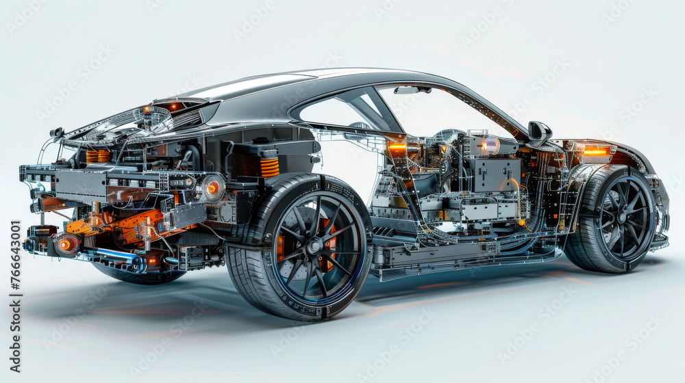 Detailed 3D model of an autonomous vehicle dissected to reveal its ...