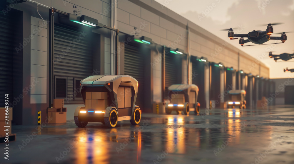 Realistic image of an autonomous delivery vehicle fleet outside a ...