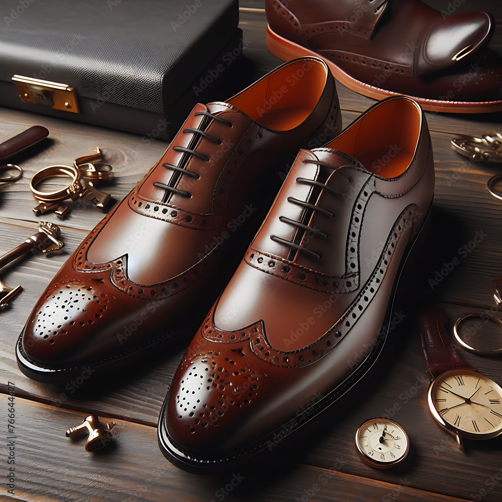 Elegant and Craftsmanship: A Close-Up View of Polished Leather Brogues ...