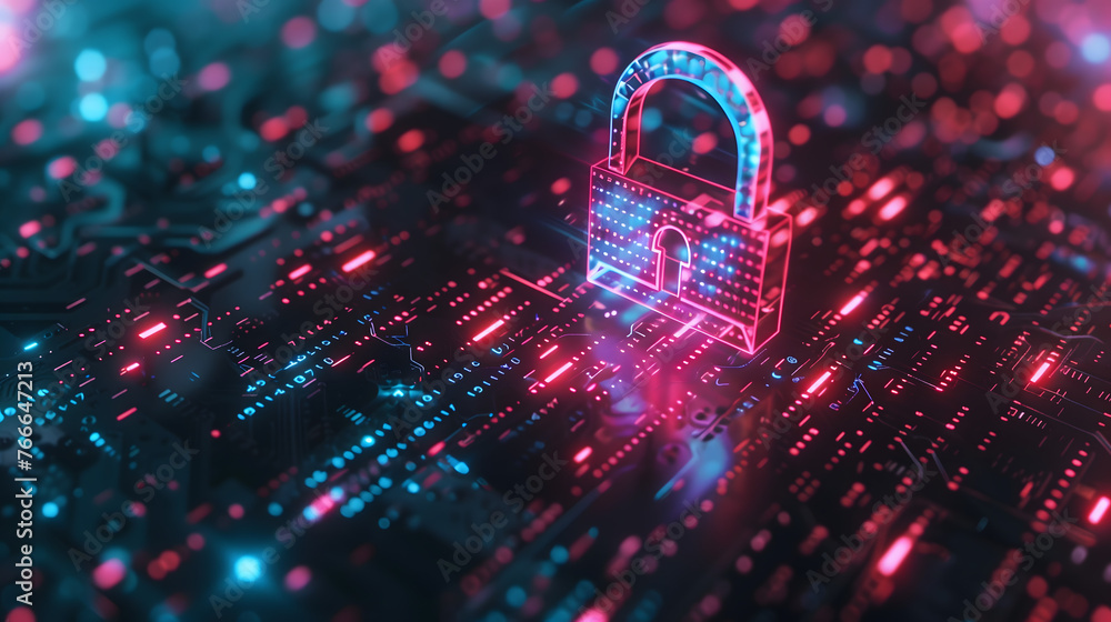 A Glowing Digital Lock Amidst Intricate Circuits Symbolizes Advanced Cybersecurity Highlighting