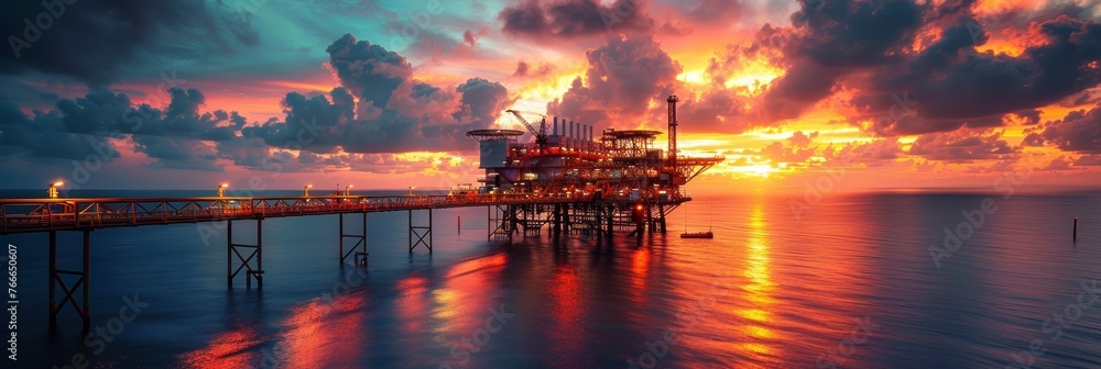 Oil extraction platform at twilight on vast ocean, offshore drilling ...