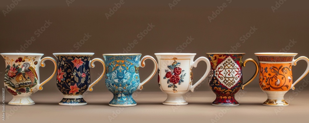Design a visually stunning image showcasing cups styled in the iconic ...