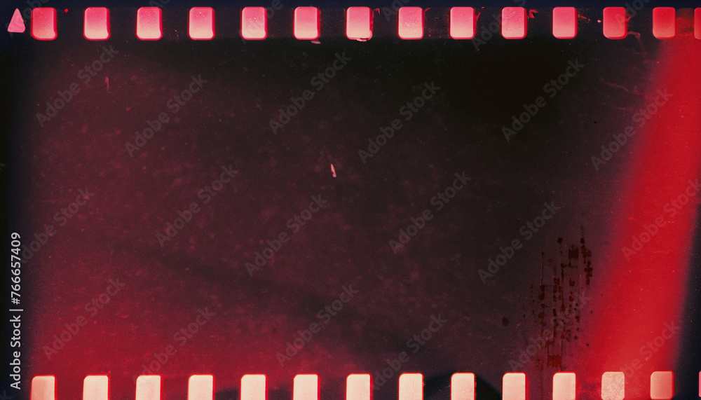 Film stripe black background with red light leaks, broken color tone ...