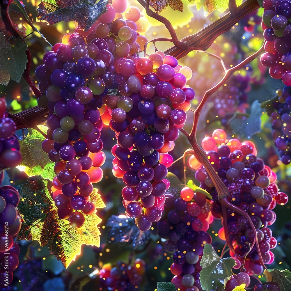 Wine grapes ripen under a holographic sun, each ray calibrated for the ...