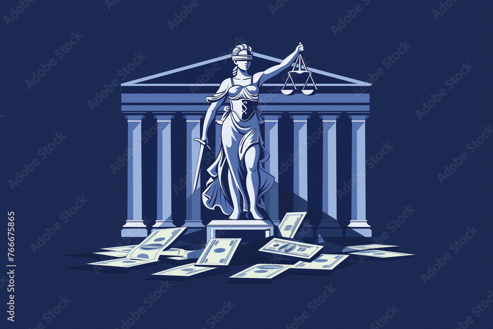 money and justice, featuring a bank building and the figure of Lady ...