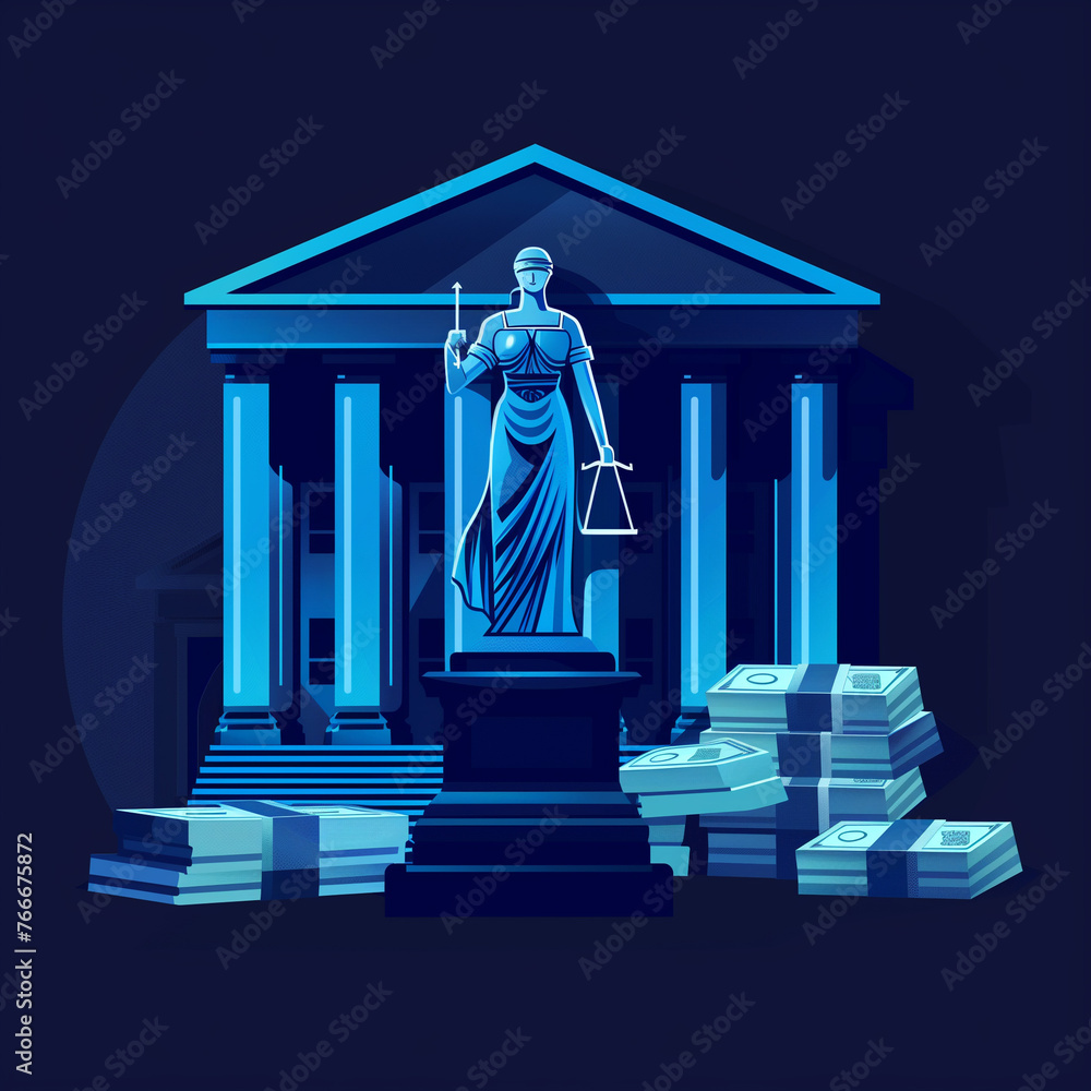 money and justice, featuring a bank building and the figure of Lady ...