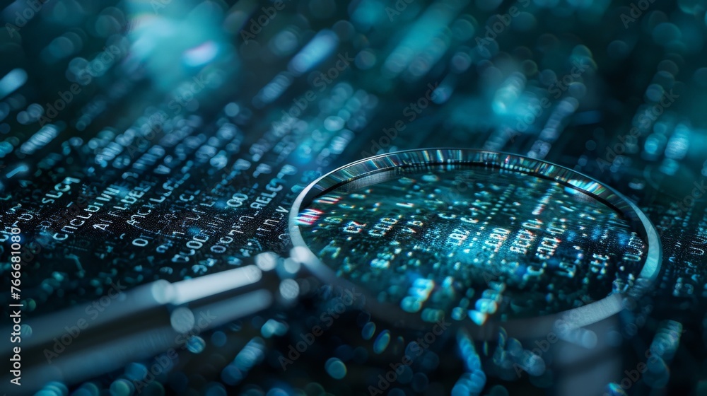 Image of a magnifying glass looking at code. Concept Algorithm Bias ...