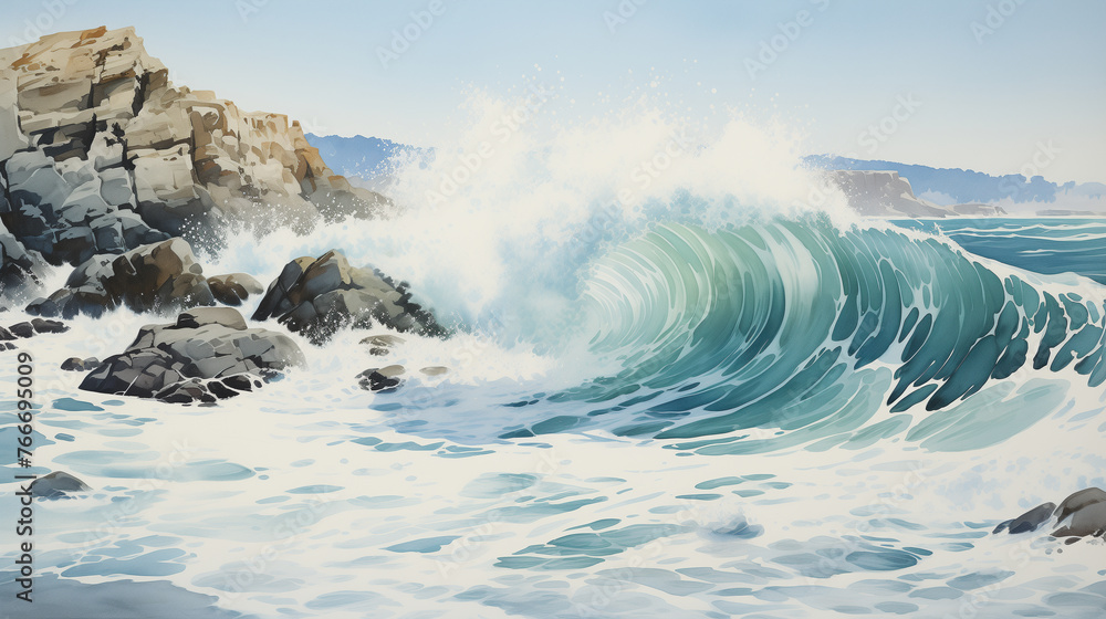 An energetic depiction of ocean waves crashing against the rocky ...