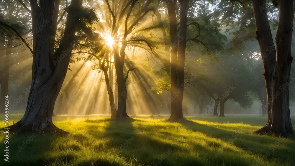 morning in the forest,As the sun rises in the early morning, its golden ...