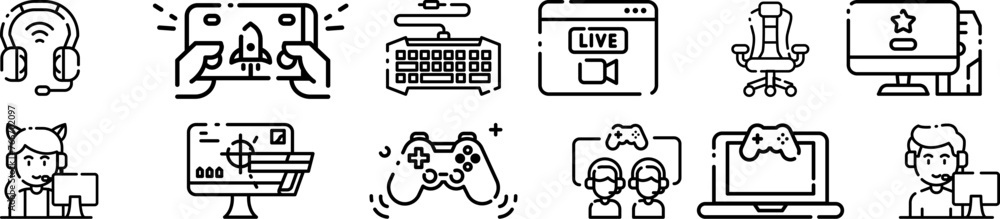 Video games icon set. Game genres and attributes. Linear design. Lines ...