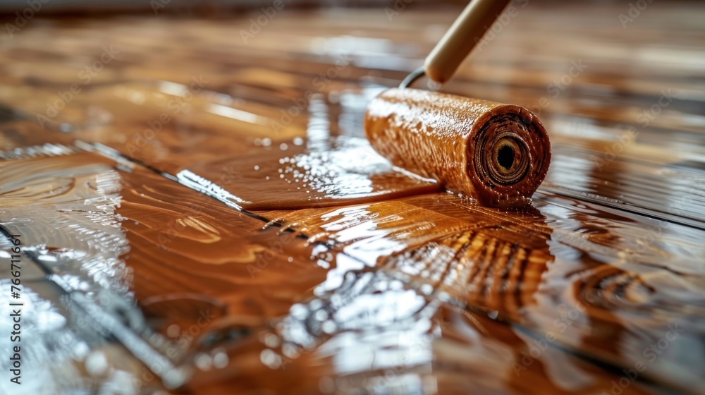 Lacquering wood floors. Worker uses a roller to coating floors ...
