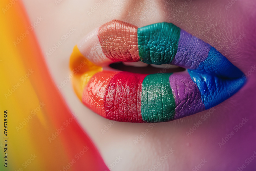 Rainbow lips, a woman's mouth painted in lgbt colours for lgbt pride ...
