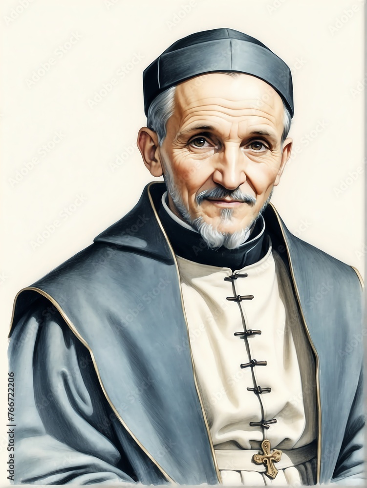 Portrait painting of Saint Vincent de Paul illustration art plain white background from ...