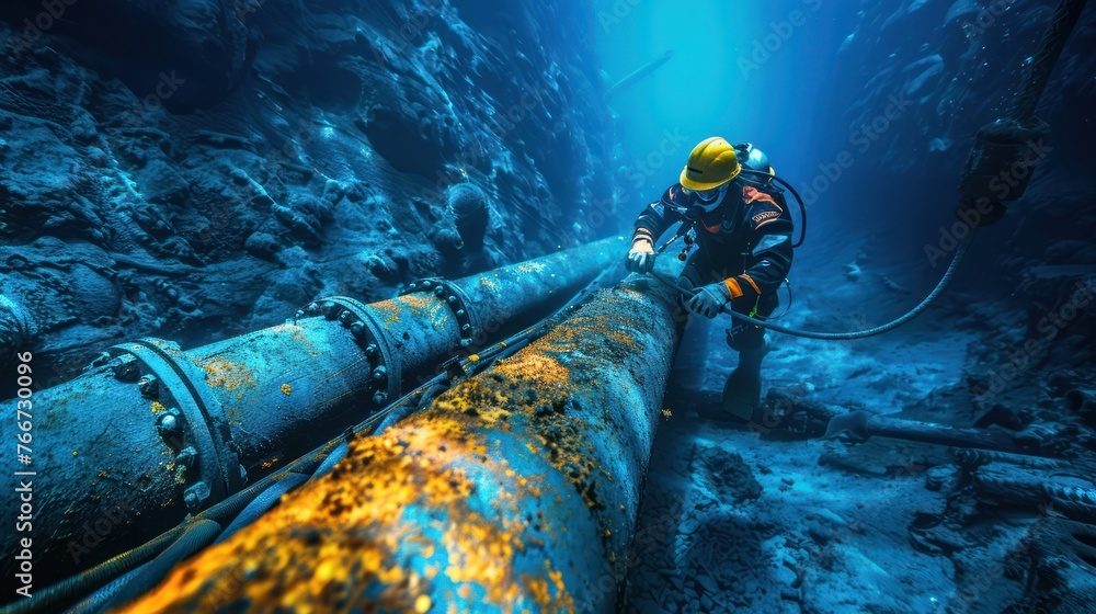 An Expert technicians are diving to install underwater oil and gas ...