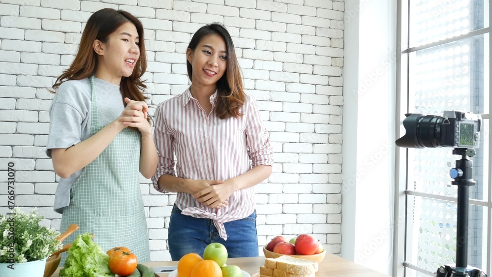 Asian influencer vlogger live review healthy eating lifestyle. Two ...