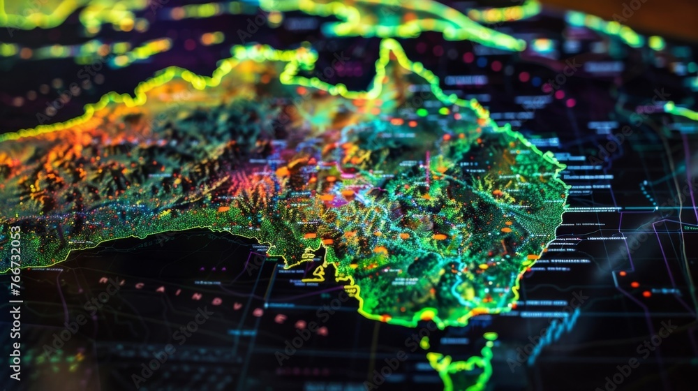 A detailed close-up view of a map depicting the geographic features and ...